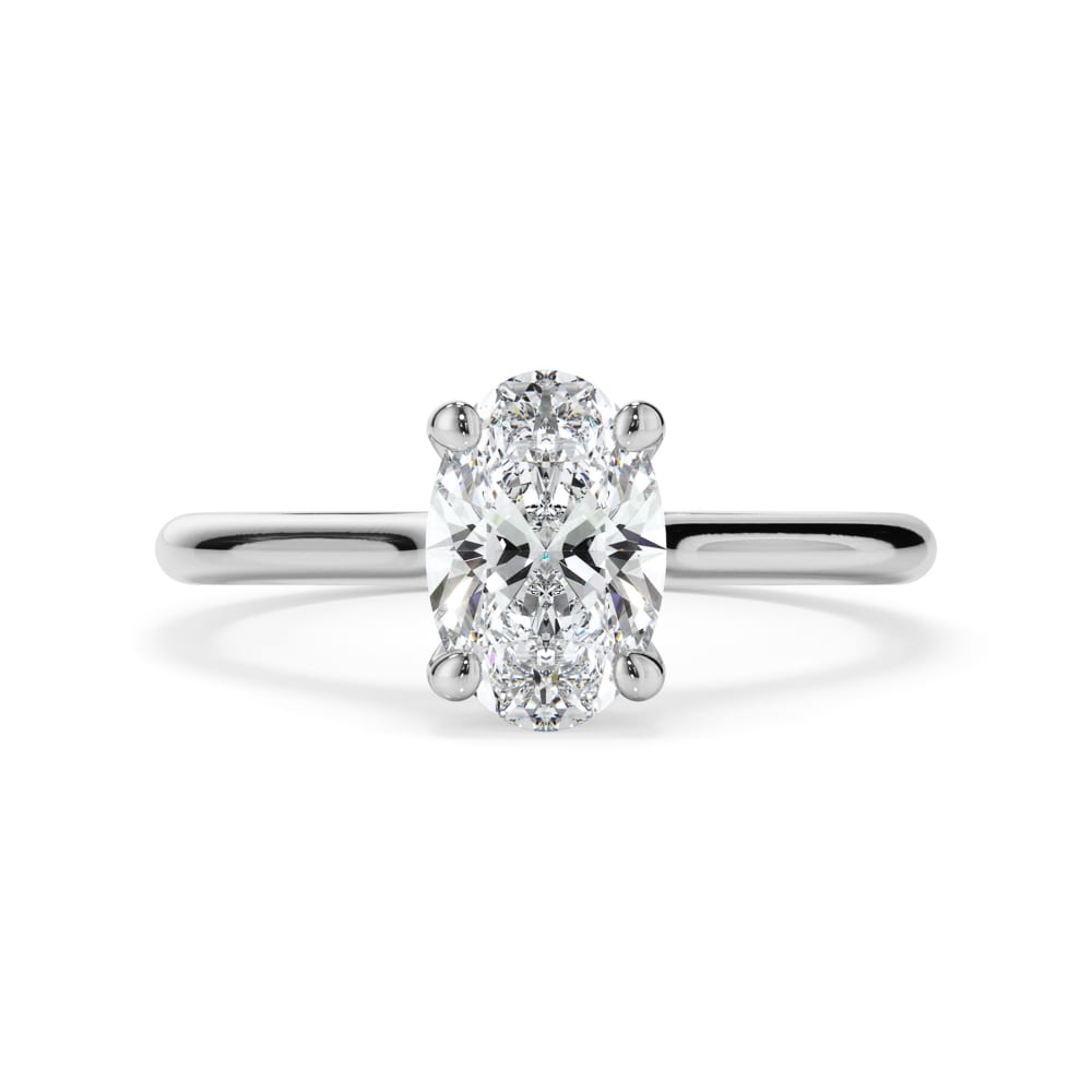 Four Claw Oval Cut Diamond Hidden Halo Engagement Ring with Criss Cros